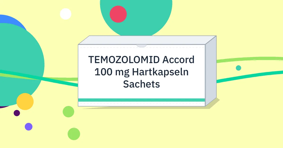 Symbolbild: Packung mit der Aufschrift TEMOZOLOMID Accord 100 mg Hartkapseln Sachets (PZN 16633090) – Verfügbarkeit und Bezug in Apotheken in Frankfurt am Main