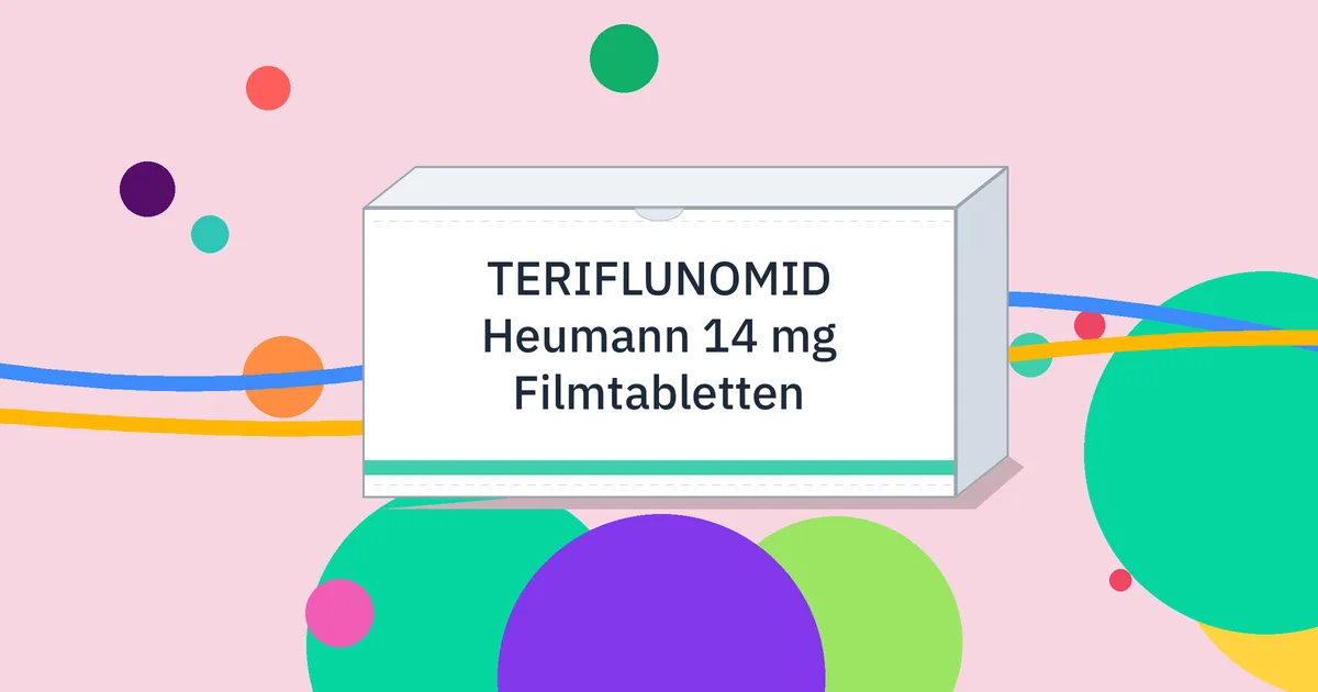 Symbolbild: Packung mit der Aufschrift TERIFLUNOMID Heumann 14 mg Filmtabletten (PZN 19732680) – Verfügbarkeit und Bezug in Apotheken in Frankfurt am Main