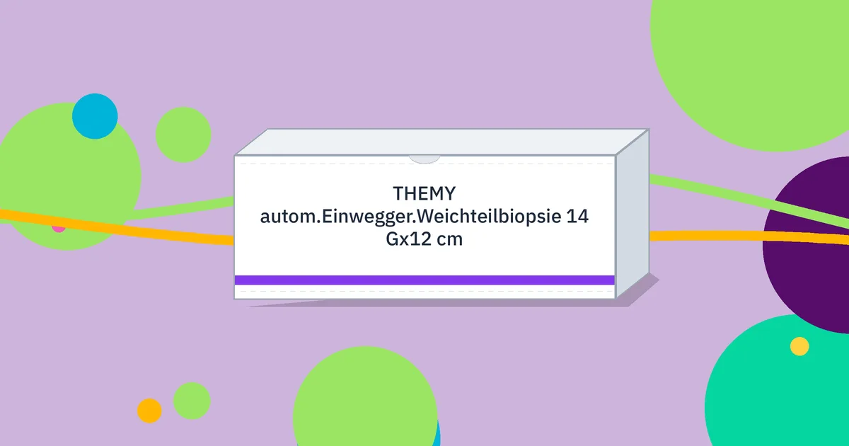 Symbolbild: Packung mit der Aufschrift THEMY autom.Einwegger.Weichteilbiopsie 14 Gx12 cm (PZN 19737298) – Verfügbarkeit und Bezug in Apotheken in Frankfurt am Main