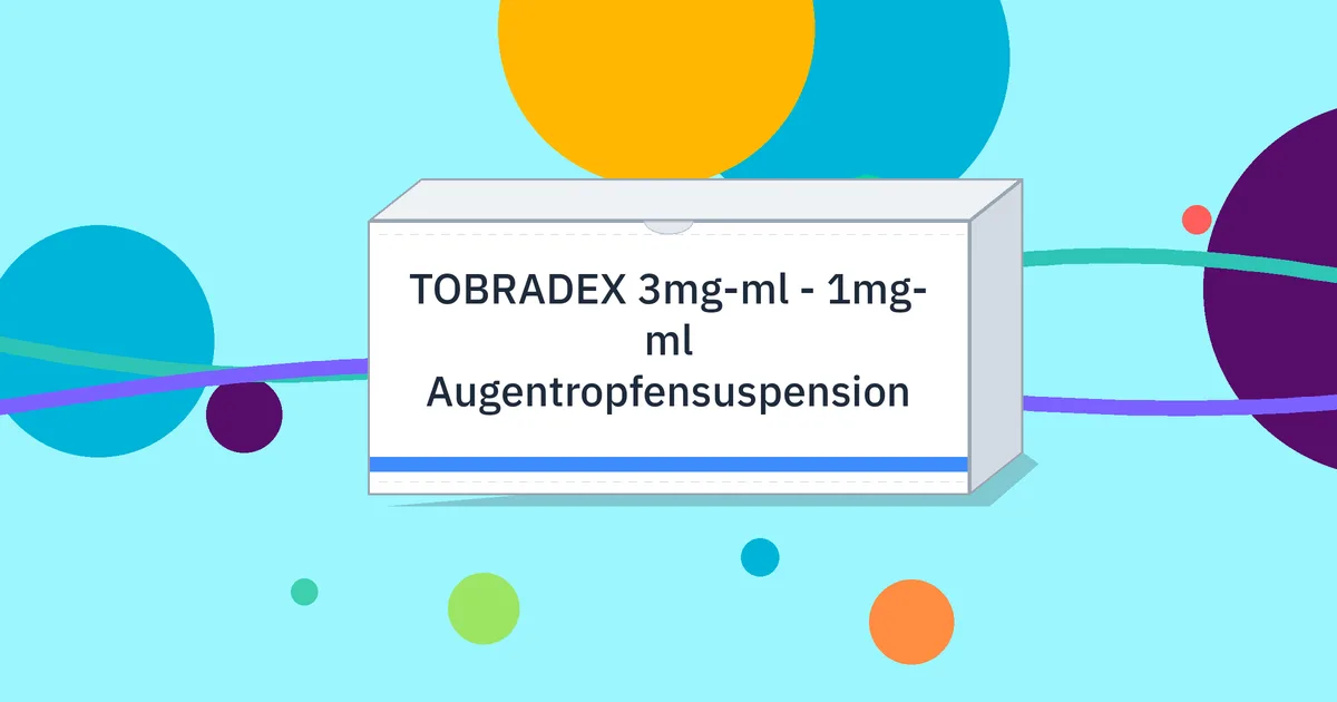 Symbolbild: Packung mit der Aufschrift TOBRADEX 3mg-ml - 1mg-ml Augentropfensuspension (PZN 09195991) – Verfügbarkeit und Bezug in Apotheken in Frankfurt am Main