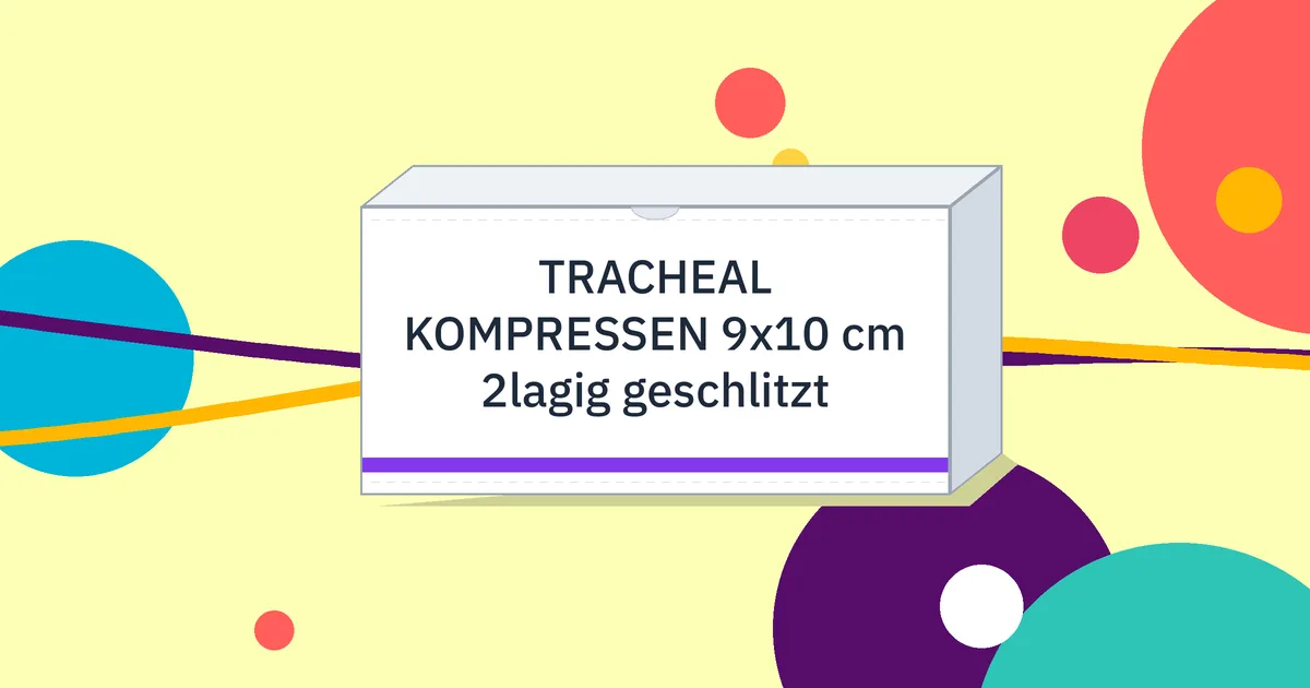 Symbolbild: Packung mit der Aufschrift TRACHEAL KOMPRESSEN 9x10 cm 2lagig geschlitzt (PZN 11644953) – Verfügbarkeit und Bezug in Apotheken in Frankfurt am Main