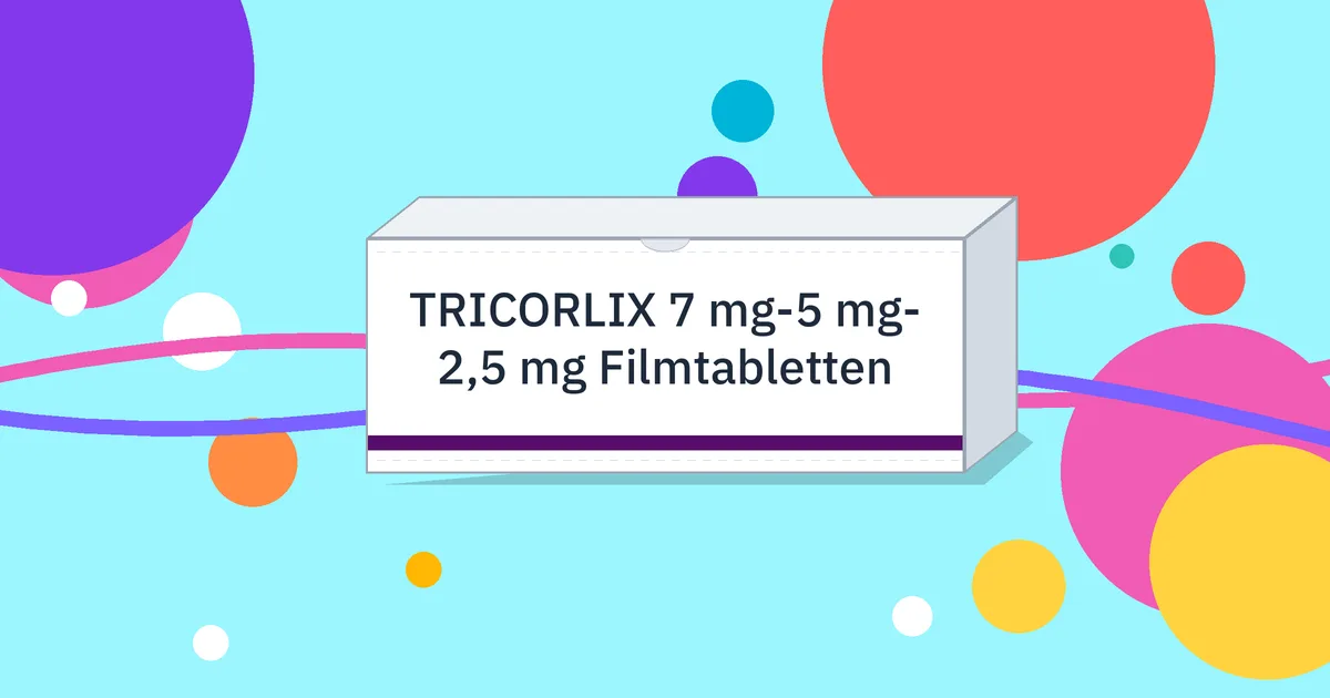 Symbolbild: Packung mit der Aufschrift TRICORLIX 7 mg-5 mg-2,5 mg Filmtabletten (PZN 19103955) – Verfügbarkeit und Bezug in Apotheken in Frankfurt am Main