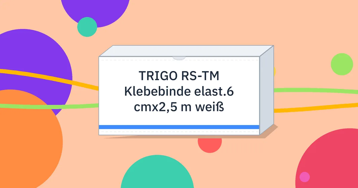 Symbolbild: Packung mit der Aufschrift TRIGO RS-TM Klebebinde elast.6 cmx2,5 m weiß (PZN 13153314) – Verfügbarkeit und Bezug in Apotheken in Frankfurt am Main