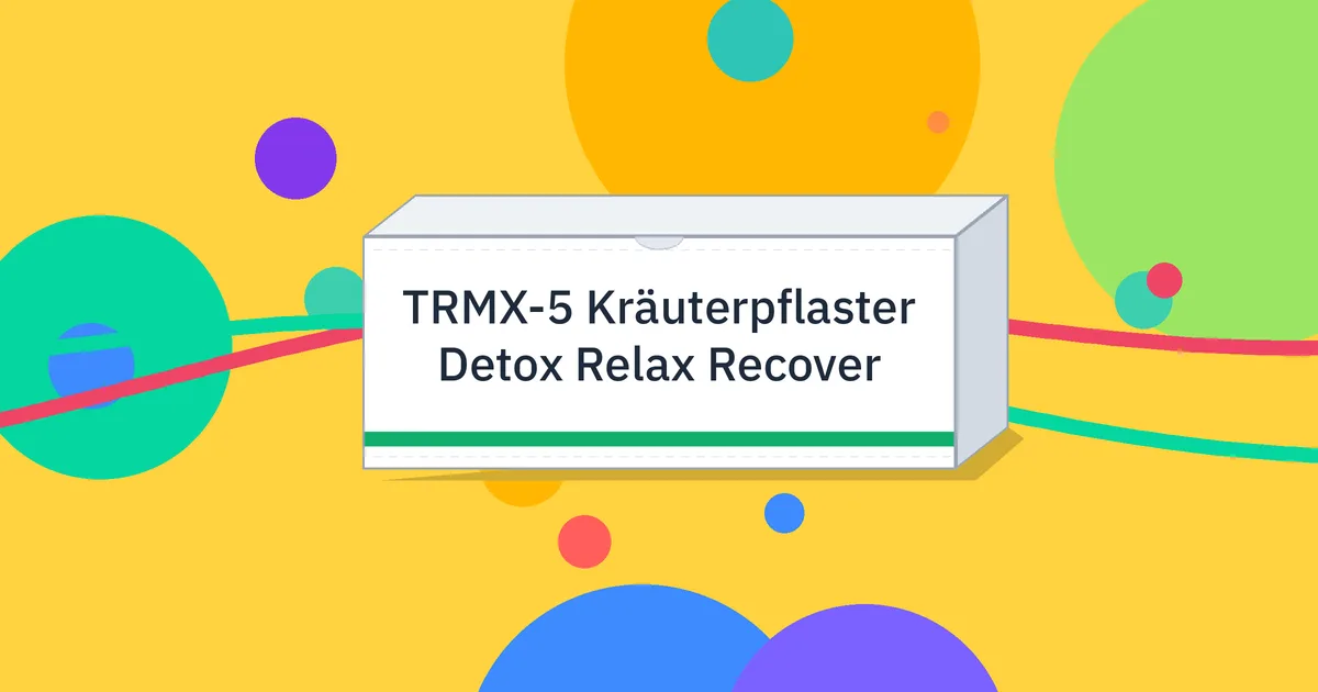 Symbolbild: Packung mit der Aufschrift TRMX-5 Kräuterpflaster Detox Relax Recover (PZN 19335737) – Verfügbarkeit und Bezug in Apotheken in Frankfurt am Main