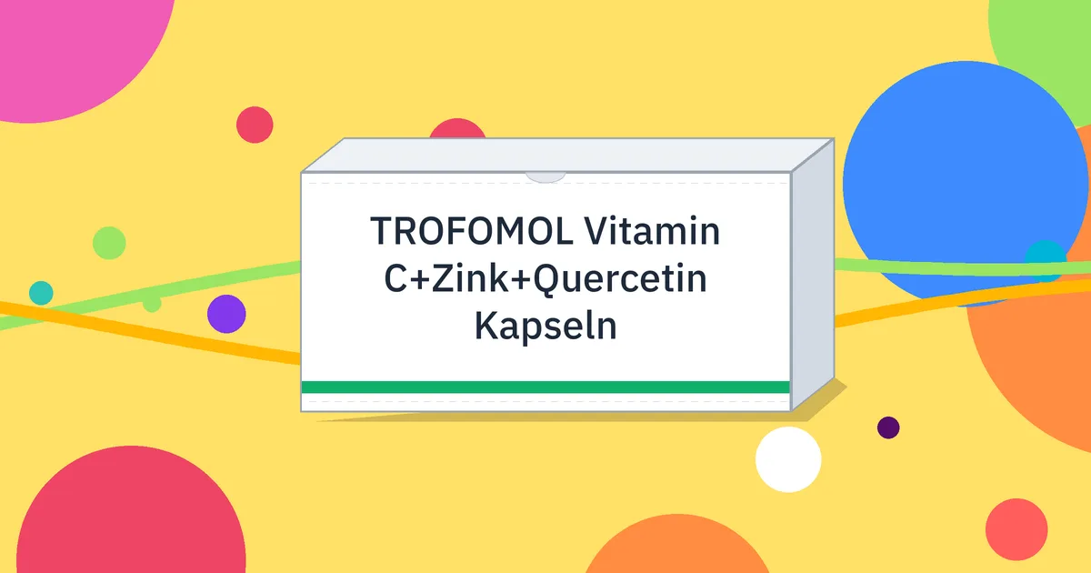 Symbolbild: Packung mit der Aufschrift TROFOMOL Vitamin C+Zink+Quercetin Kapseln (PZN 20218333) – Verfügbarkeit und Bezug in Apotheken in Frankfurt am Main