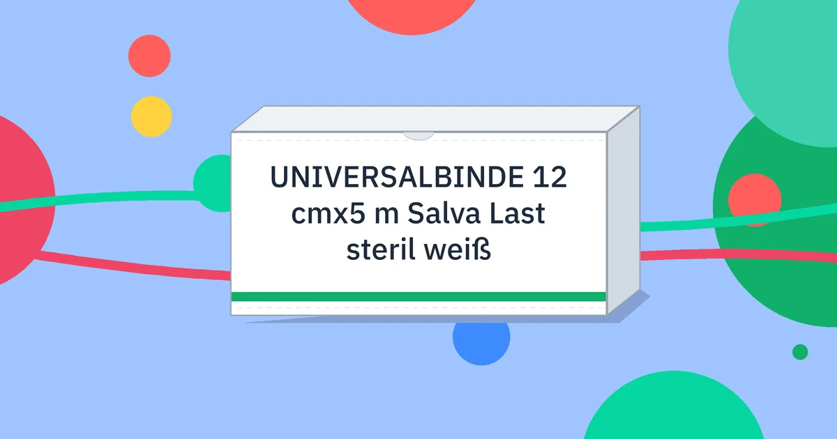 Symbolbild: Packung mit der Aufschrift UNIVERSALBINDE 12 cmx5 m Salva Last steril weiß (PZN 17152613) – Verfügbarkeit und Bezug in Apotheken in Frankfurt am Main