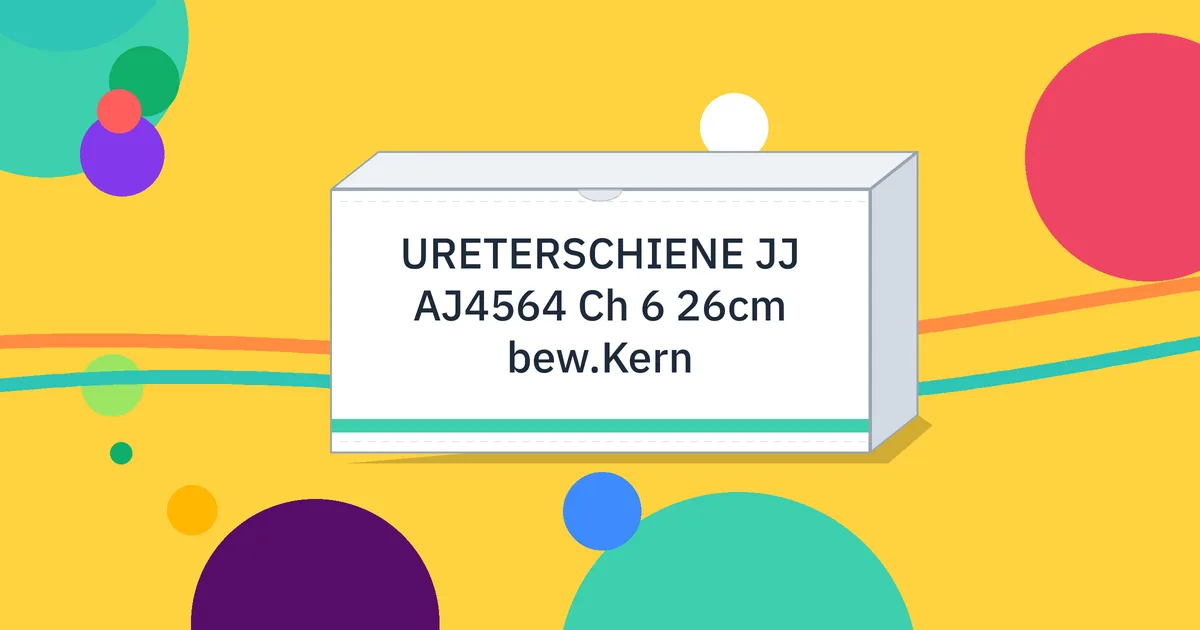 Symbolbild: Packung mit der Aufschrift URETERSCHIENE JJ AJ4564 Ch 6 26cm bew.Kern (PZN 01357253) – Verfügbarkeit und Bezug in Apotheken in Frankfurt am Main