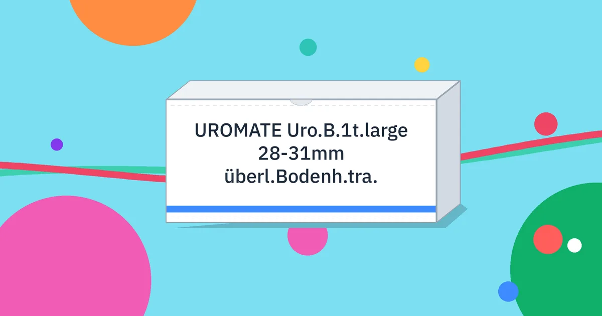 Symbolbild: Packung mit der Aufschrift UROMATE Uro.B.1t.large 28-31mm überl.Bodenh.tra. (PZN 03741292) – Verfügbarkeit und Bezug in Apotheken in Frankfurt am Main