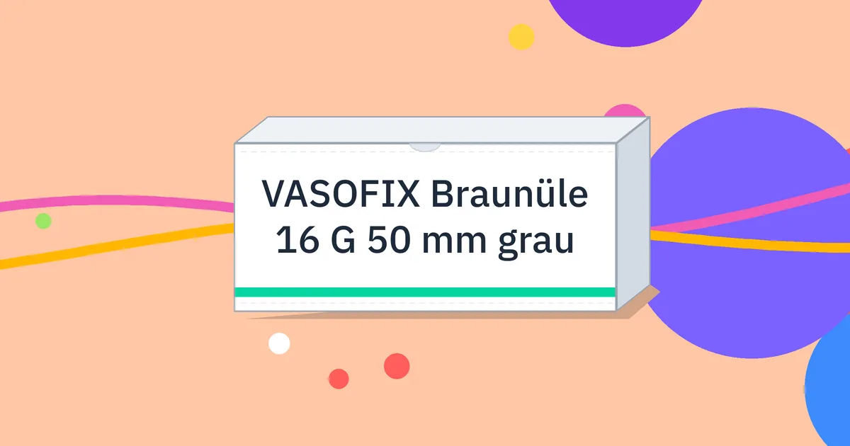 Symbolbild: Packung mit der Aufschrift VASOFIX Braunüle 16 G 50 mm grau (PZN 11178014) – Verfügbarkeit und Bezug in Apotheken in Frankfurt am Main