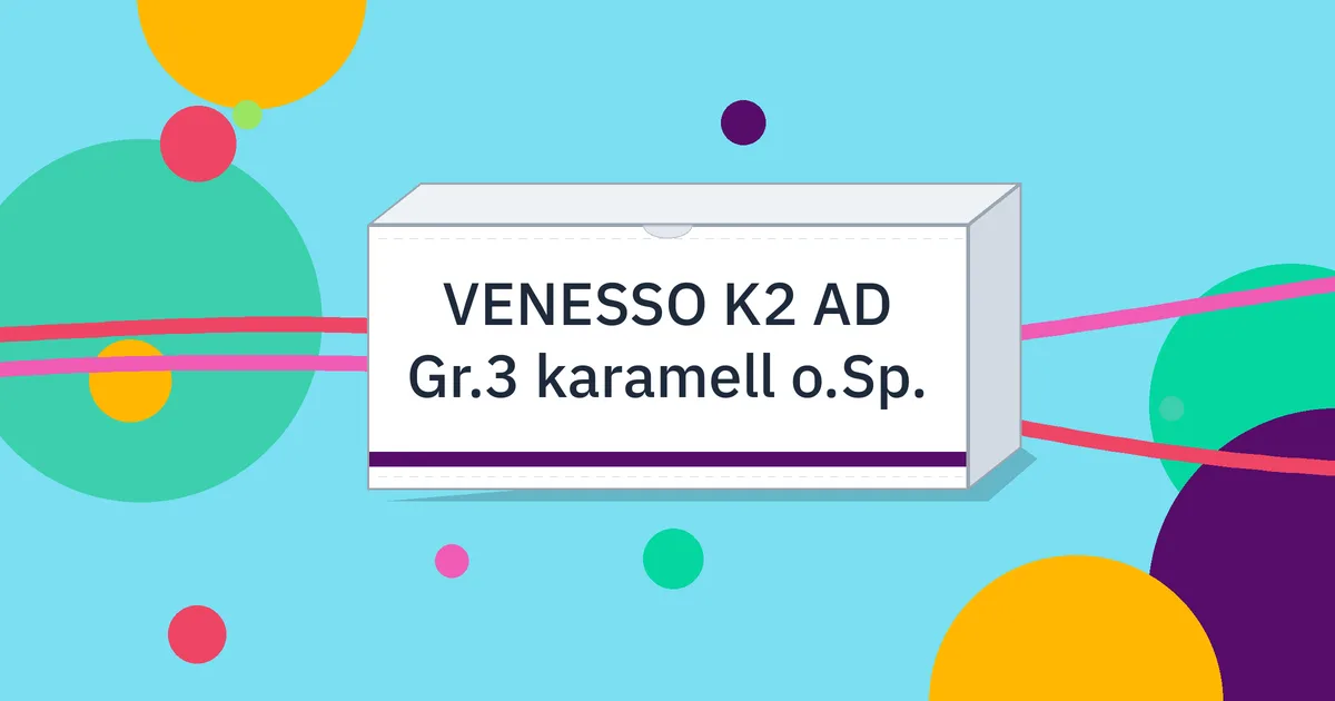 Symbolbild: Packung mit der Aufschrift VENESSO K2 AD Gr.3 karamell o.Sp. (PZN 13758135) – Verfügbarkeit und Bezug in Apotheken in Frankfurt am Main