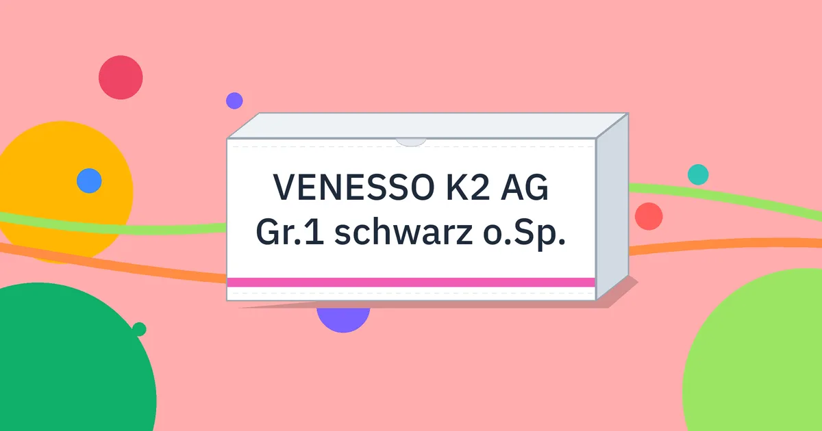 Symbolbild: Packung mit der Aufschrift VENESSO K2 AG Gr.1 schwarz o.Sp. (PZN 03280299) – Verfügbarkeit und Bezug in Apotheken in Frankfurt am Main