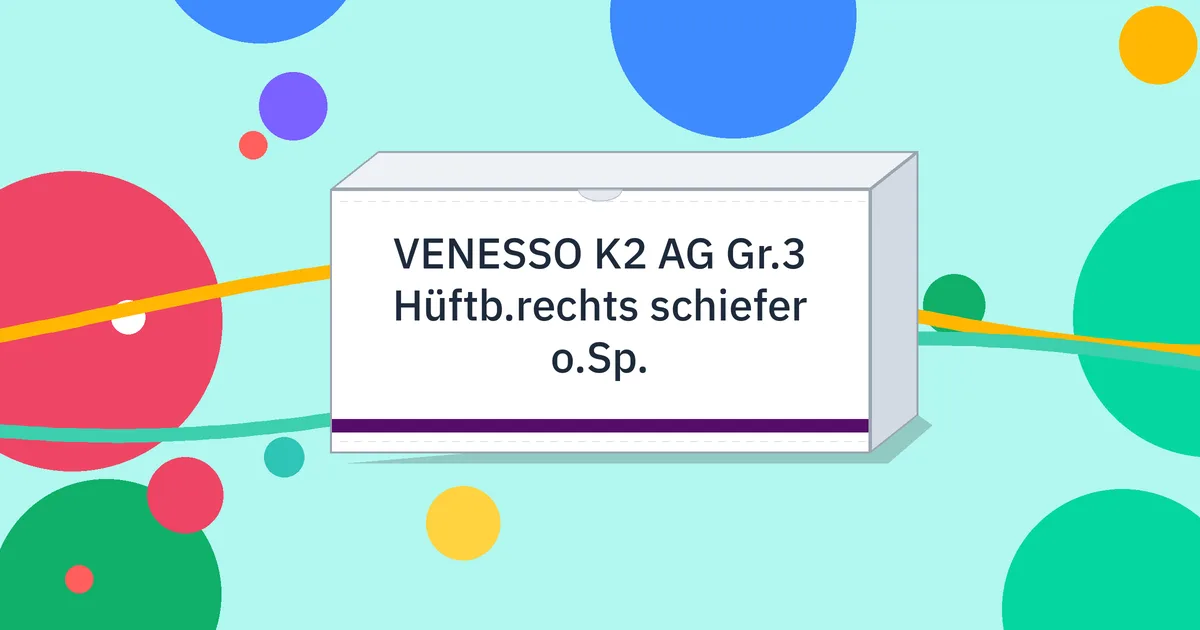 Symbolbild: Packung mit der Aufschrift VENESSO K2 AG Gr.3 Hüftb.rechts schiefer o.Sp. (PZN 03271857) – Verfügbarkeit und Bezug in Apotheken in Frankfurt am Main