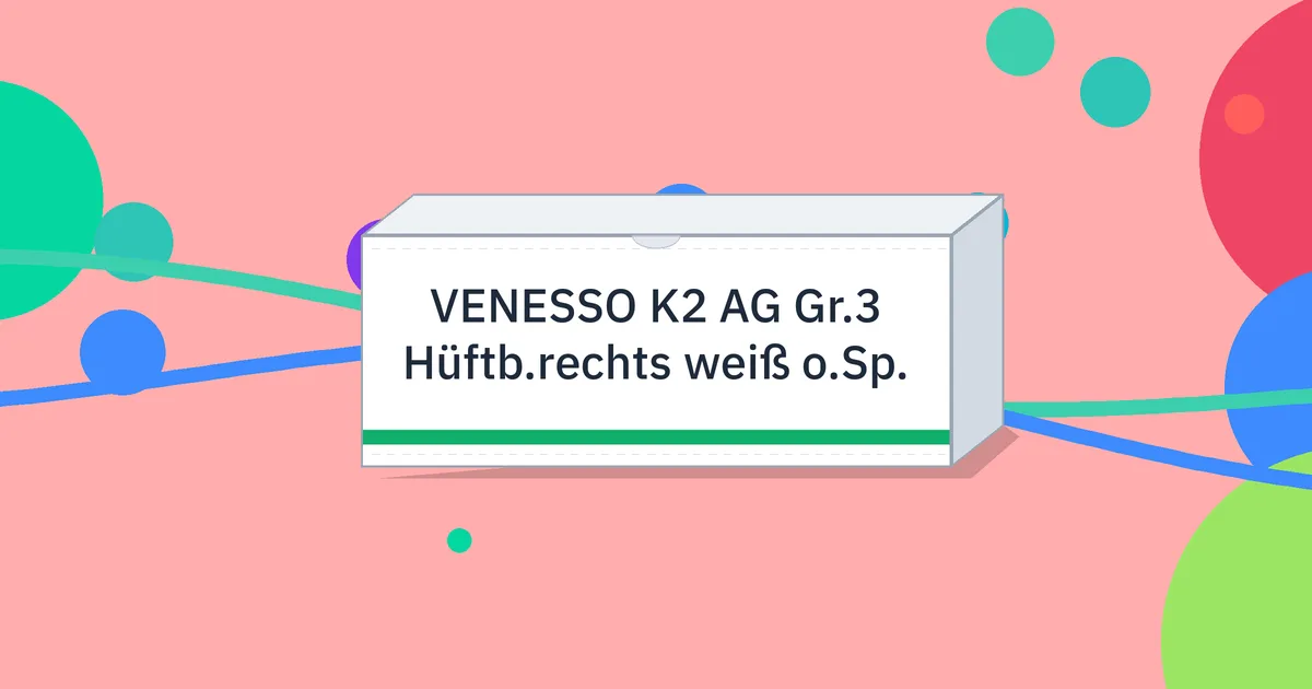 Symbolbild: Packung mit der Aufschrift VENESSO K2 AG Gr.3 Hüftb.rechts weiß o.Sp. (PZN 03271886) – Verfügbarkeit und Bezug in Apotheken in Frankfurt am Main
