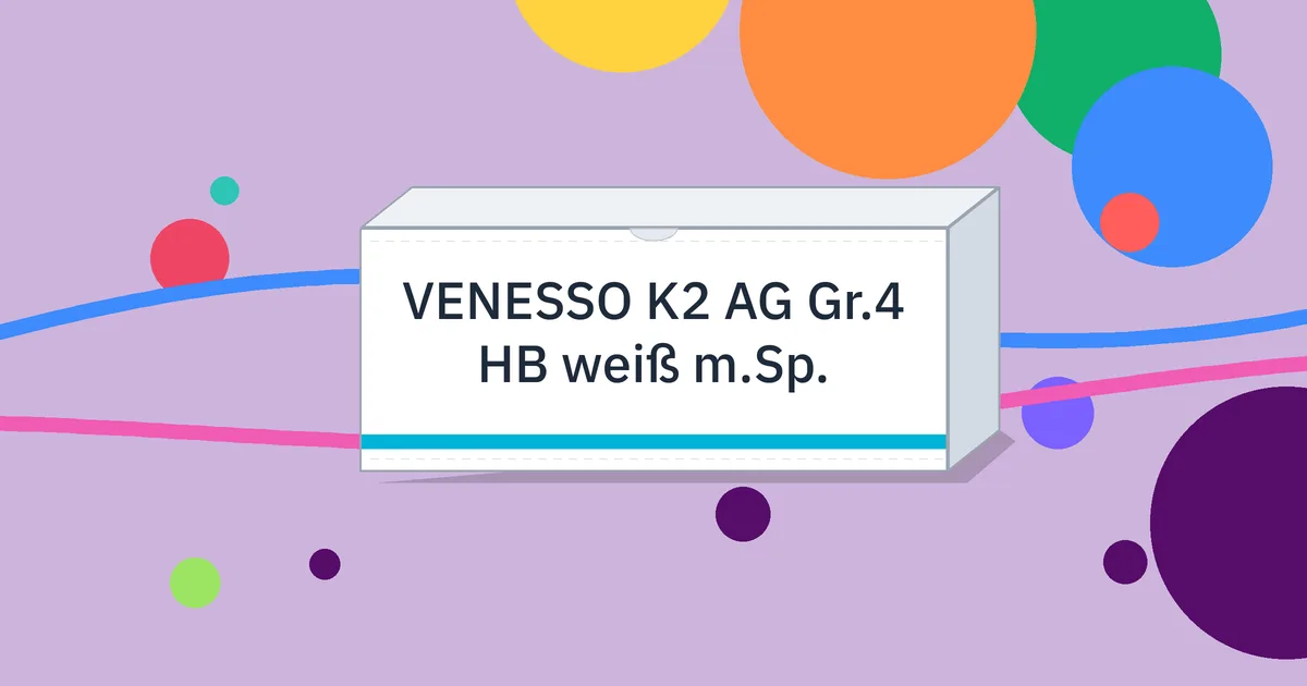 Symbolbild: Packung mit der Aufschrift VENESSO K2 AG Gr.4 HB weiß m.Sp. (PZN 03264662) – Verfügbarkeit und Bezug in Apotheken in Frankfurt am Main
