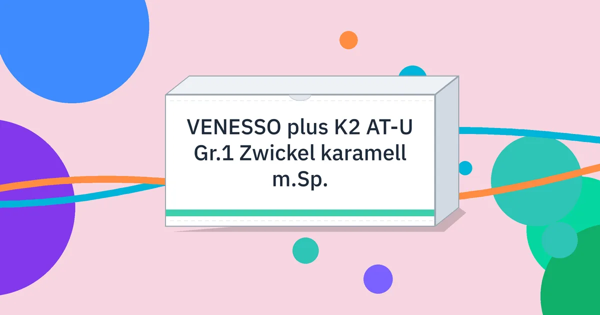 Symbolbild: Packung mit der Aufschrift VENESSO plus K2 AT-U Gr.1 Zwickel karamell m.Sp. (PZN 13759809) – Verfügbarkeit und Bezug in Apotheken in Frankfurt am Main