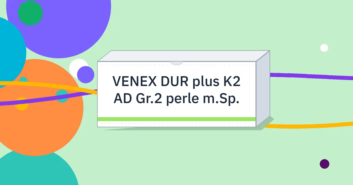 Symbolbild: Packung mit der Aufschrift VENEX DUR plus K2 AD Gr.2 perle m.Sp. (PZN 03233199) – Verfügbarkeit und Bezug in Apotheken in Frankfurt am Main
