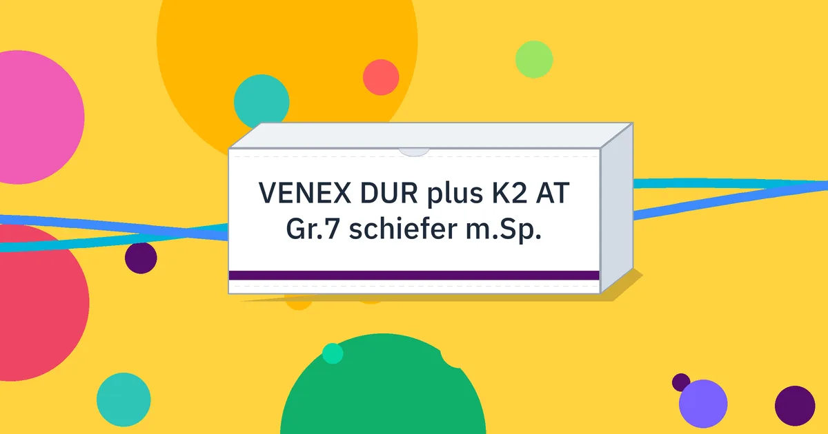 Symbolbild: Packung mit der Aufschrift VENEX DUR plus K2 AT Gr.7 schiefer m.Sp. (PZN 03234448) – Verfügbarkeit und Bezug in Apotheken in Frankfurt am Main