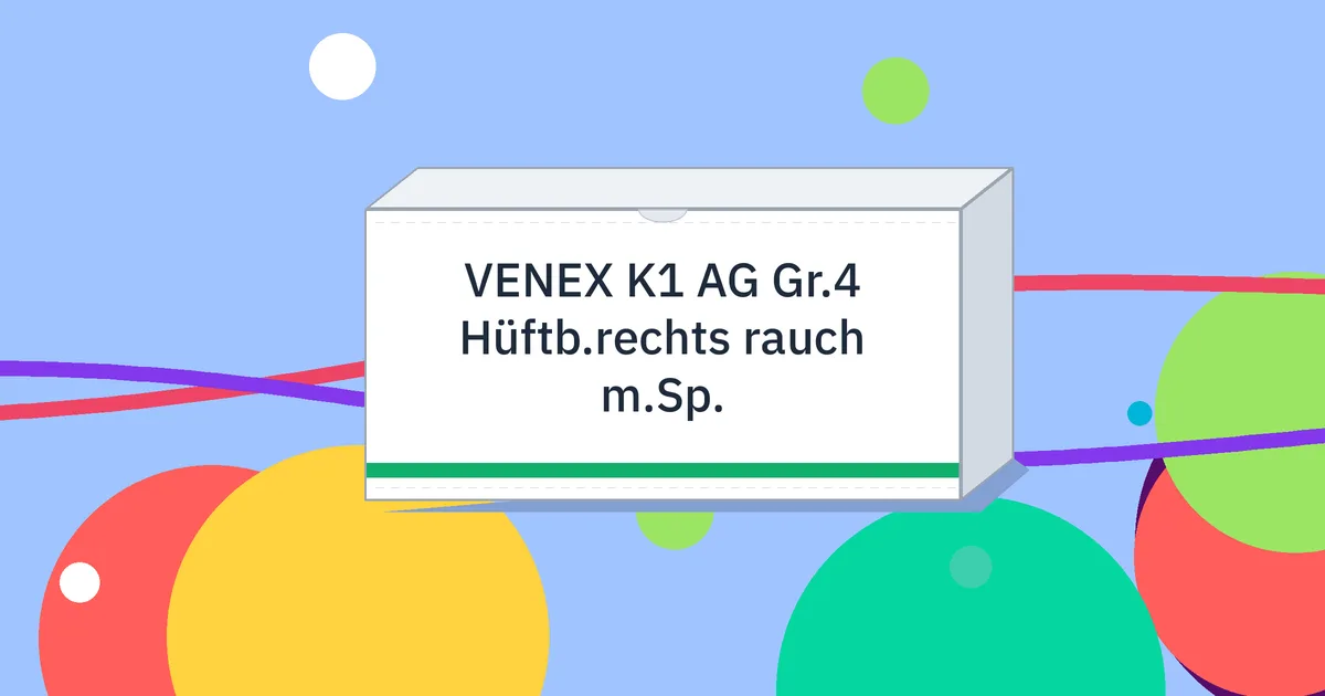 Symbolbild: Packung mit der Aufschrift VENEX K1 AG Gr.4 Hüftb.rechts rauch m.Sp. (PZN 03202170) – Verfügbarkeit und Bezug in Apotheken in Frankfurt am Main