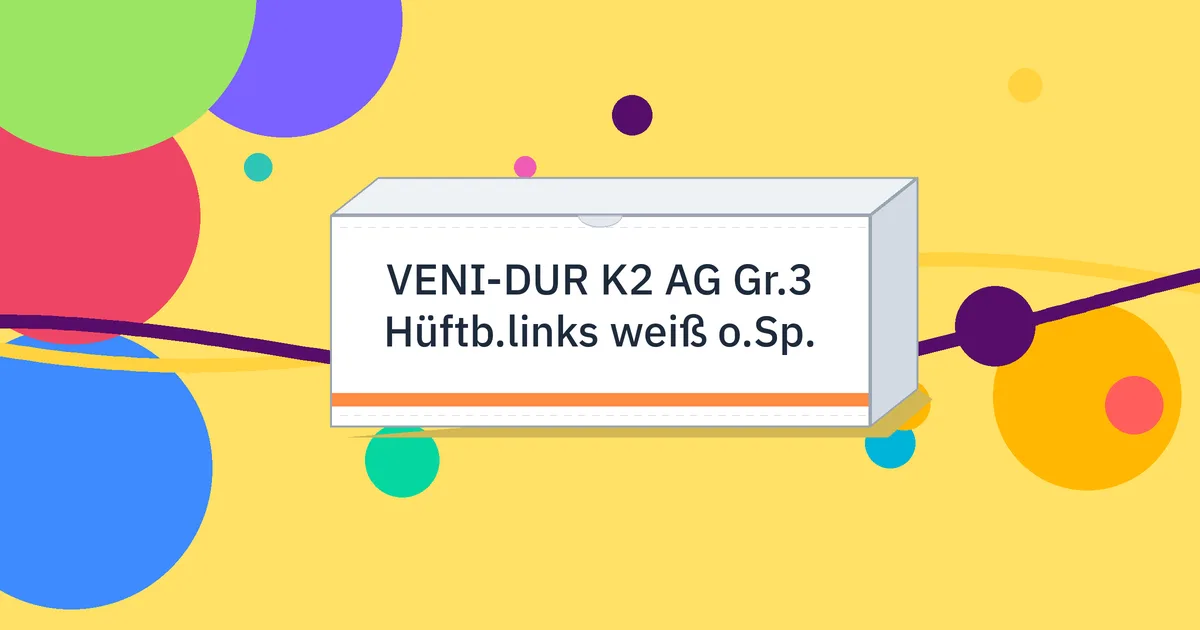 Symbolbild: Packung mit der Aufschrift VENI-DUR K2 AG Gr.3 Hüftb.links weiß o.Sp. (PZN 03254586) – Verfügbarkeit und Bezug in Apotheken in Frankfurt am Main