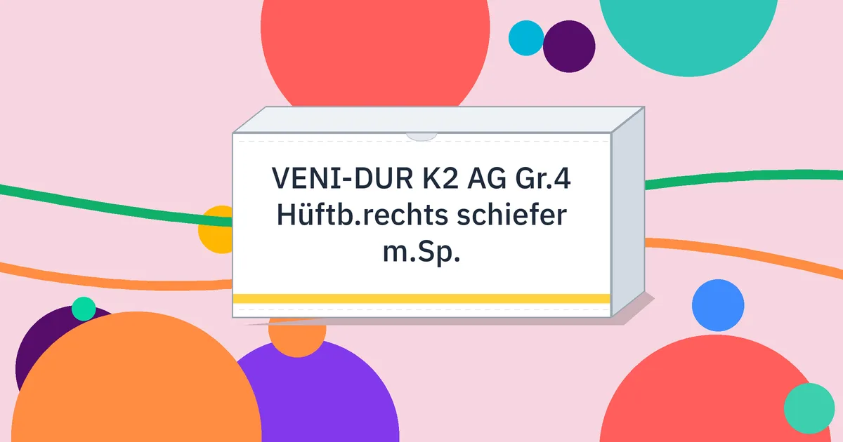 Symbolbild: Packung mit der Aufschrift VENI-DUR K2 AG Gr.4 Hüftb.rechts schiefer m.Sp. (PZN 03249616) – Verfügbarkeit und Bezug in Apotheken in Frankfurt am Main