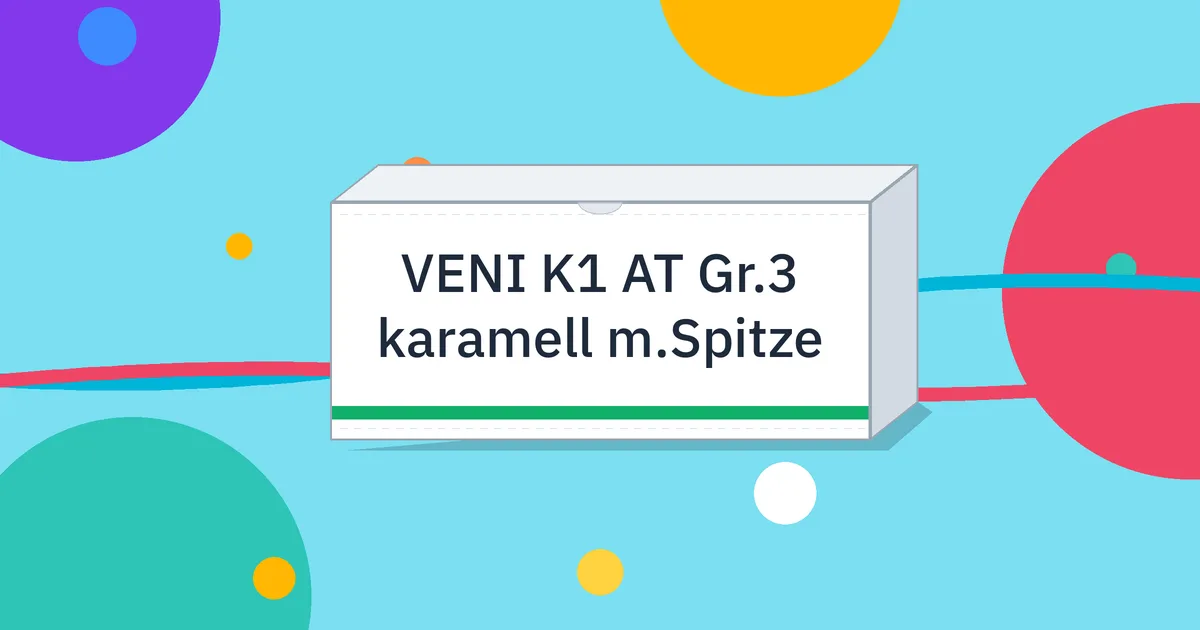Symbolbild: Packung mit der Aufschrift VENI K1 AT Gr.3 karamell m.Spitze (PZN 13756797) – Verfügbarkeit und Bezug in Apotheken in Frankfurt am Main
