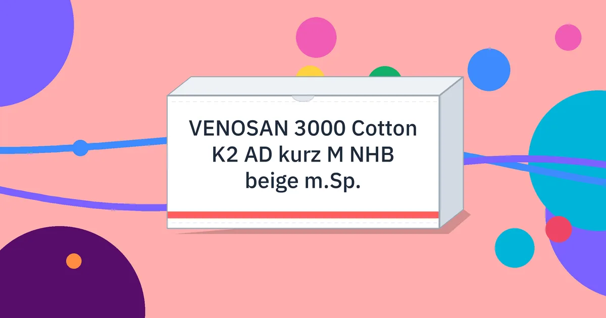 Symbolbild: Packung mit der Aufschrift VENOSAN 3000 Cotton K2 AD kurz M NHB beige m.Sp. (PZN 14421484) – Verfügbarkeit und Bezug in Apotheken in Frankfurt am Main
