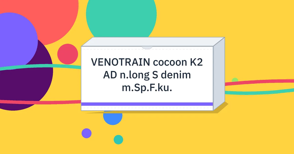 Symbolbild: Packung mit der Aufschrift VENOTRAIN cocoon K2 AD n.long S denim m.Sp.F.ku. (PZN 19198921) – Verfügbarkeit und Bezug in Apotheken in Frankfurt am Main
