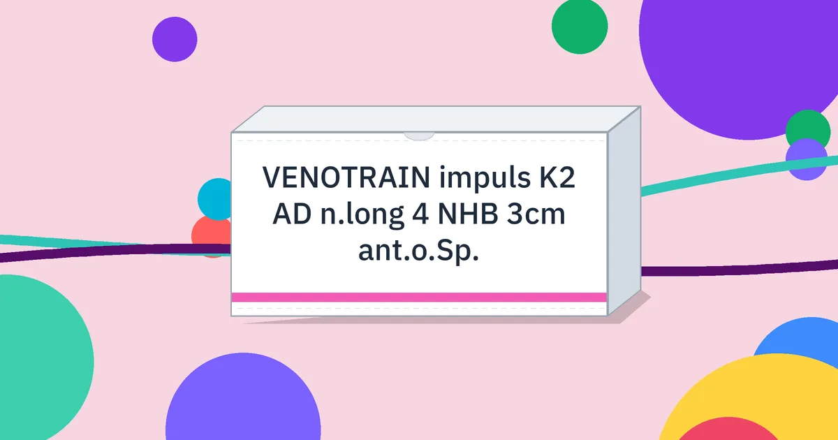 Symbolbild: Packung mit der Aufschrift VENOTRAIN impuls K2 AD n.long 4 NHB 3cm ant.o.Sp. (PZN 15224403) – Verfügbarkeit und Bezug in Apotheken in Frankfurt am Main