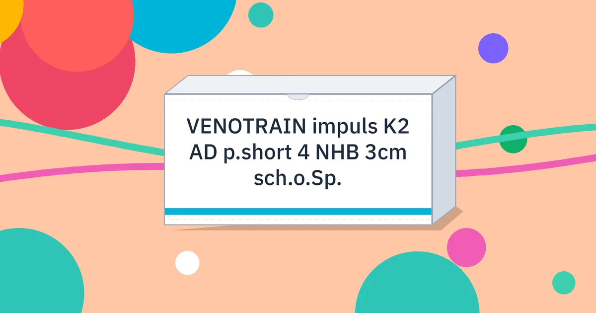 Symbolbild: Packung mit der Aufschrift VENOTRAIN impuls K2 AD p.short 4 NHB 3cm sch.o.Sp. (PZN 00656657) – Verfügbarkeit und Bezug in Apotheken in Frankfurt am Main