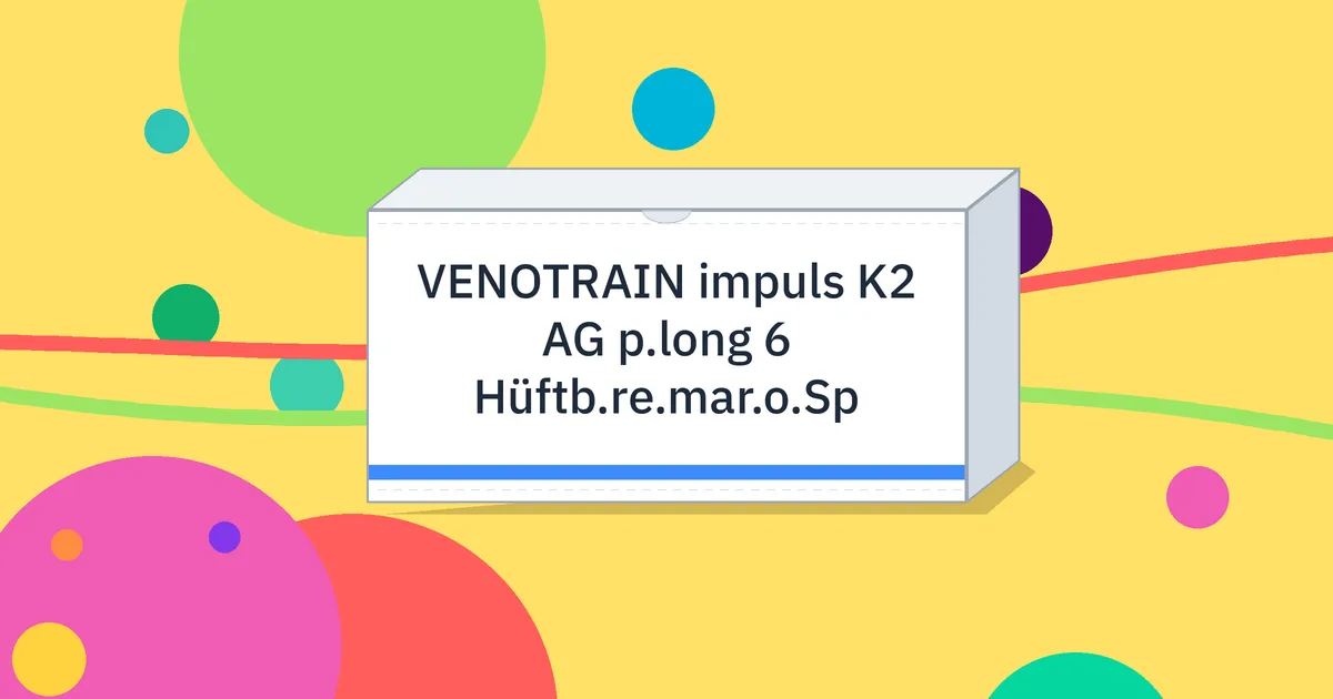 Symbolbild: Packung mit der Aufschrift VENOTRAIN impuls K2 AG p.long 6 Hüftb.re.mar.o.Sp (PZN 15216935) – Verfügbarkeit und Bezug in Apotheken in Frankfurt am Main