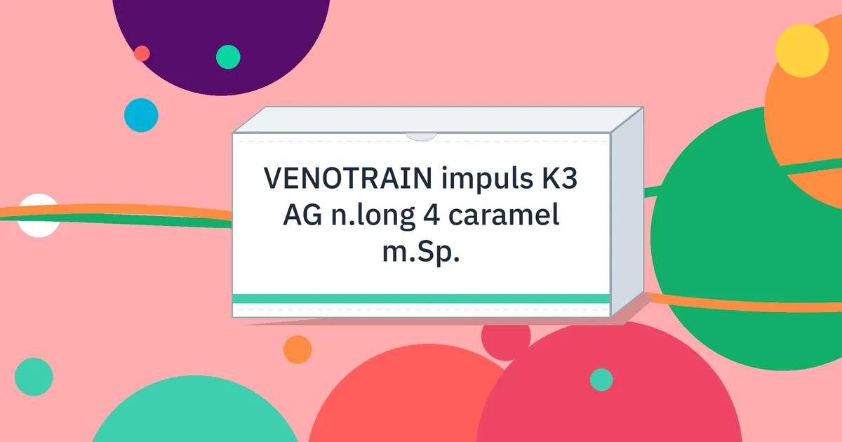 Symbolbild: Packung mit der Aufschrift VENOTRAIN impuls K3 AG n.long 4 caramel m.Sp. (PZN 00496550) – Verfügbarkeit und Bezug in Apotheken in Frankfurt am Main