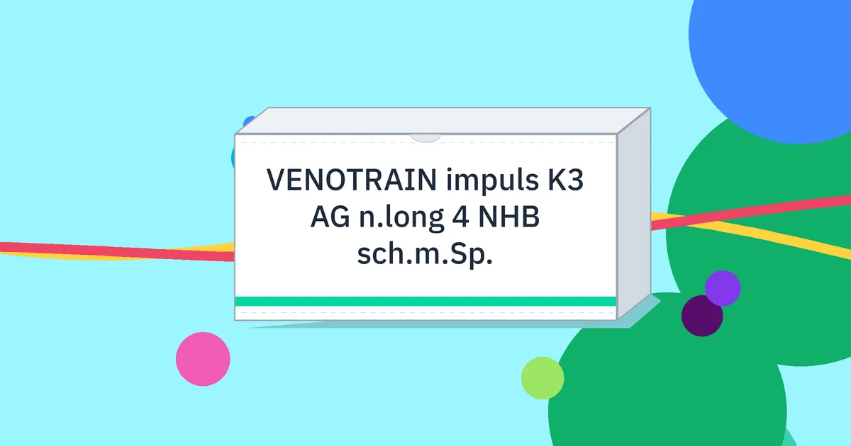 Symbolbild: Packung mit der Aufschrift VENOTRAIN impuls K3 AG n.long 4 NHB sch.m.Sp. (PZN 00522336) – Verfügbarkeit und Bezug in Apotheken in Frankfurt am Main