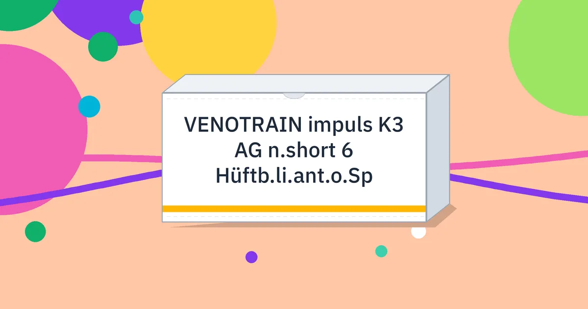 Symbolbild: Packung mit der Aufschrift VENOTRAIN impuls K3 AG n.short 6 Hüftb.li.ant.o.Sp (PZN 15220836) – Verfügbarkeit und Bezug in Apotheken in Frankfurt am Main