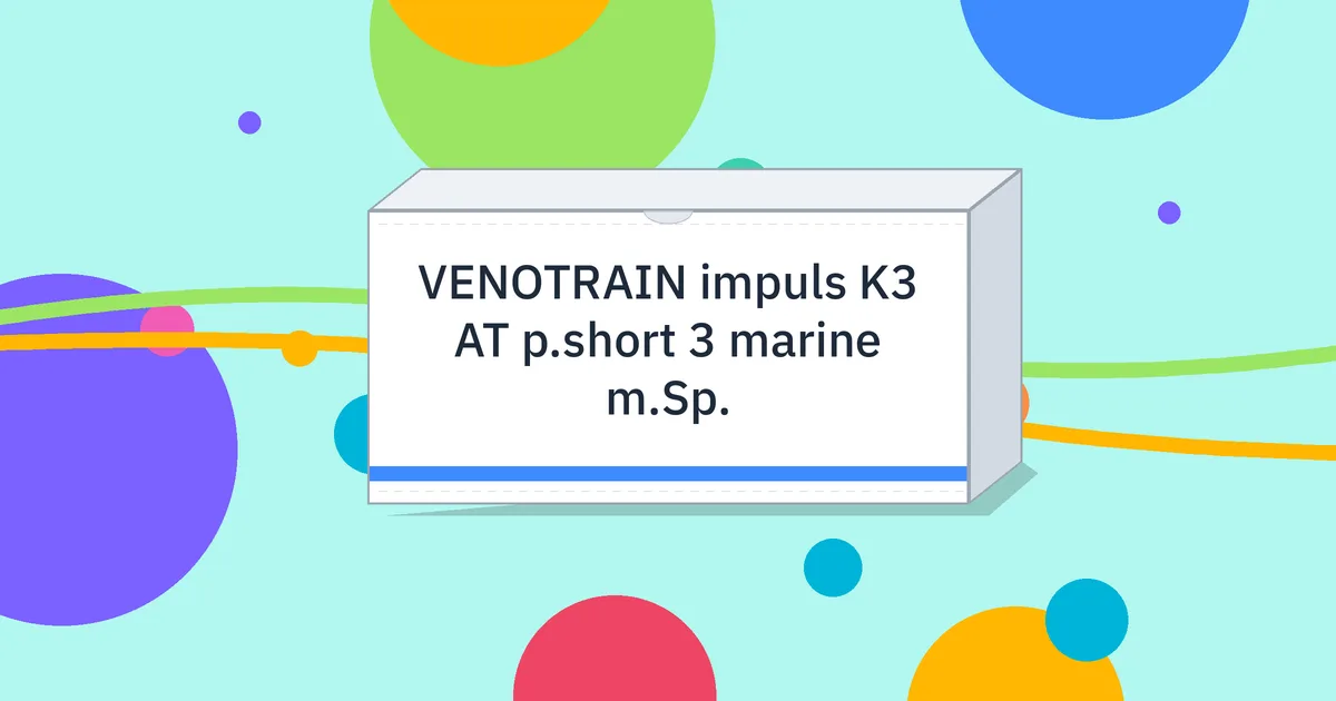 Symbolbild: Packung mit der Aufschrift VENOTRAIN impuls K3 AT p.short 3 marine m.Sp. (PZN 19355680) – Verfügbarkeit und Bezug in Apotheken in Frankfurt am Main