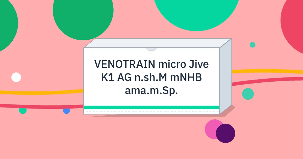 Symbolbild: Packung mit der Aufschrift VENOTRAIN micro Jive K1 AG n.sh.M mNHB ama.m.Sp. (PZN 17759433) – Verfügbarkeit und Bezug in Apotheken in Frankfurt am Main
