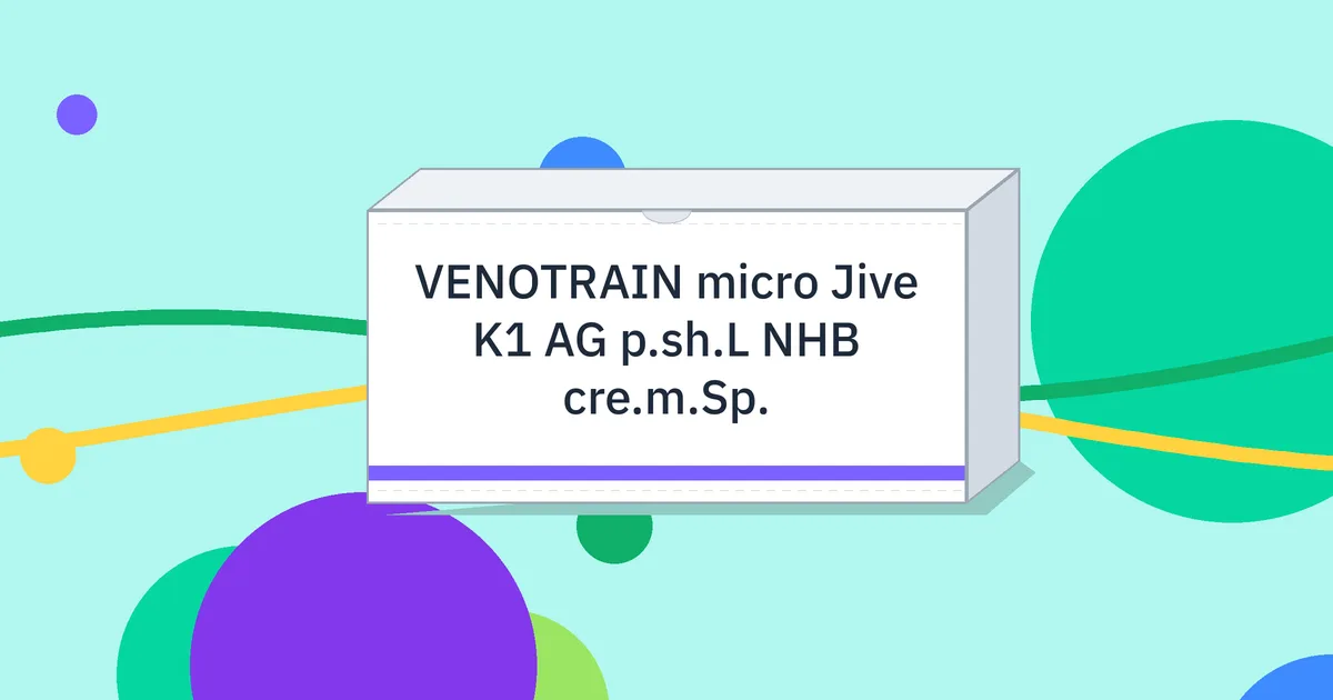Symbolbild: Packung mit der Aufschrift VENOTRAIN micro Jive K1 AG p.sh.L NHB cre.m.Sp. (PZN 17763469) – Verfügbarkeit und Bezug in Apotheken in Frankfurt am Main