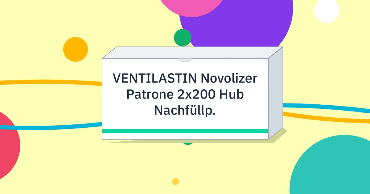 Symbolbild: Packung mit der Aufschrift VENTILASTIN Novolizer Patrone 2x200 Hub Nachfüllp. (PZN 01890740) – Verfügbarkeit und Bezug in Apotheken in Frankfurt am Main