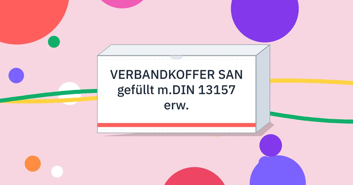 Symbolbild: Packung mit der Aufschrift VERBANDKOFFER SAN gefüllt m.DIN 13157 erw. (PZN 13250247) – Verfügbarkeit und Bezug in Apotheken in Frankfurt am Main