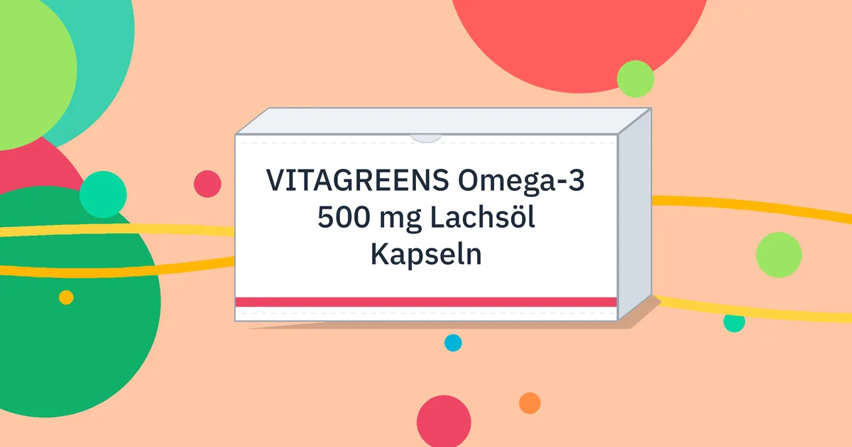 Symbolbild: Packung mit der Aufschrift VITAGREENS Omega-3 500 mg Lachsöl Kapseln (PZN 00427075) – Verfügbarkeit und Bezug in Apotheken in Frankfurt am Main