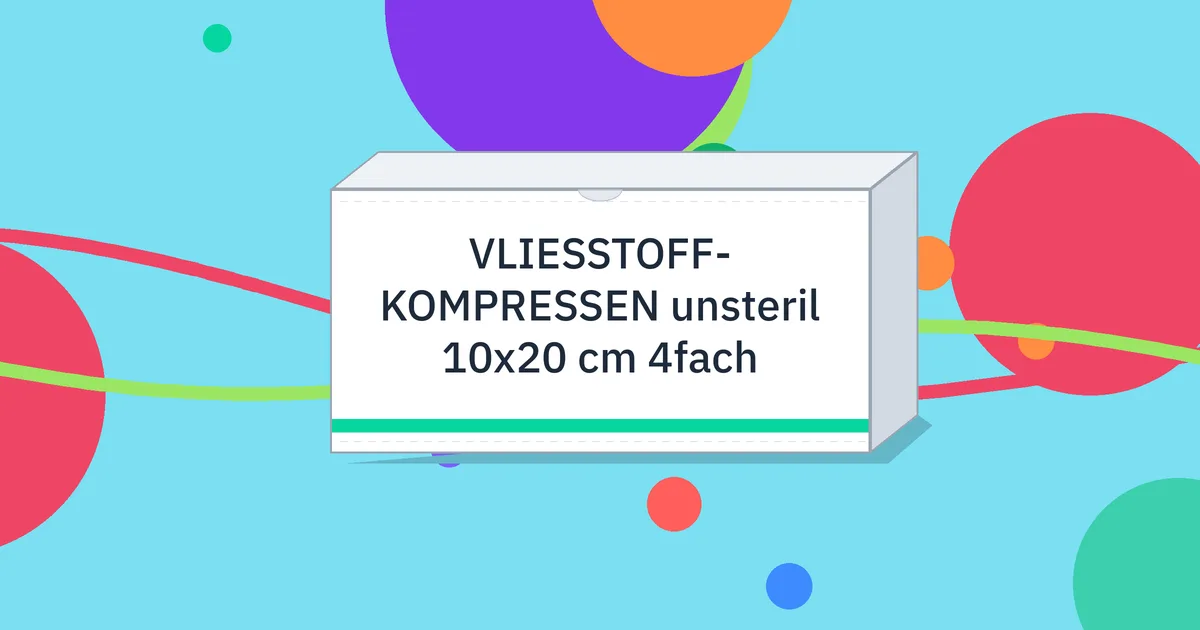 Symbolbild: Packung mit der Aufschrift VLIESSTOFF-KOMPRESSEN unsteril 10x20 cm 4fach (PZN 06310339) – Verfügbarkeit und Bezug in Apotheken in Frankfurt am Main