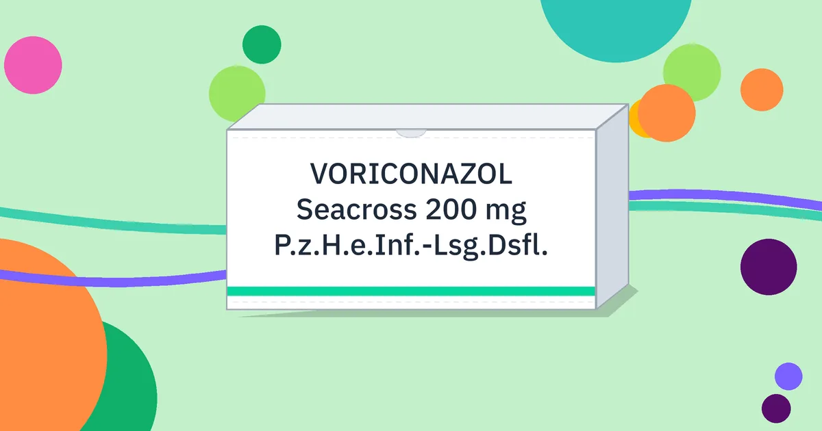 Symbolbild: Packung mit der Aufschrift VORICONAZOL Seacross 200 mg P.z.H.e.Inf.-Lsg.Dsfl. (PZN 19491549) – Verfügbarkeit und Bezug in Apotheken in Frankfurt am Main