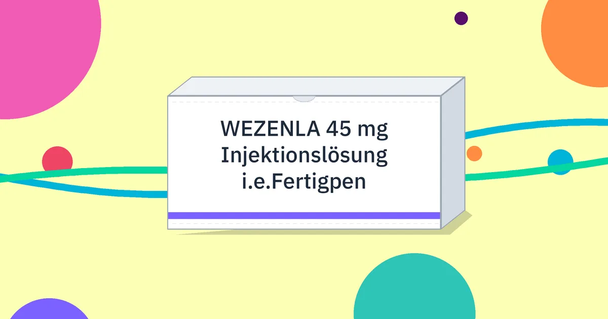 Symbolbild: Packung mit der Aufschrift WEZENLA 45 mg Injektionslösung i.e.Fertigpen (PZN 20310694) – Verfügbarkeit und Bezug in Apotheken in Frankfurt am Main