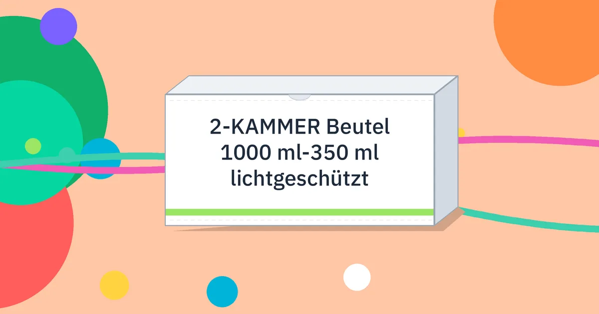Symbolbild: Packung mit der Aufschrift 2-KAMMER Beutel 1000 ml-350 ml lichtgeschützt (PZN 17620445) – Verfügbarkeit und Bezug in Apotheken in Frankfurt am Main