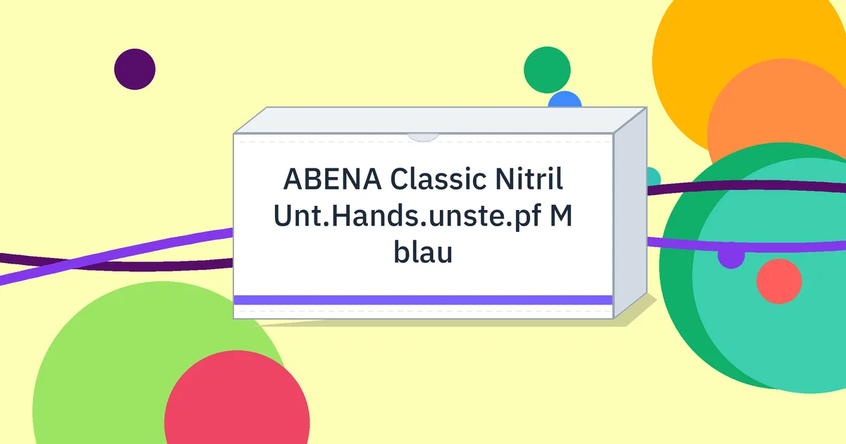 Symbolbild: Packung mit der Aufschrift ABENA Classic Nitril Unt.Hands.unste.pf M blau (PZN 17416911) – Verfügbarkeit und Bezug in Apotheken in Frankfurt am Main