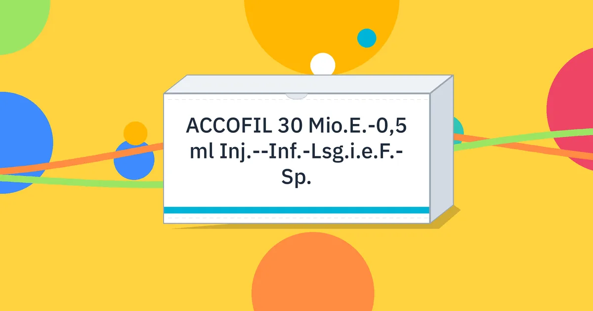 Symbolbild: Packung mit der Aufschrift ACCOFIL 30 Mio.E.-0,5 ml Inj.--Inf.-Lsg.i.e.F.-Sp. (PZN 15561980) – Verfügbarkeit und Bezug in Apotheken in Frankfurt am Main