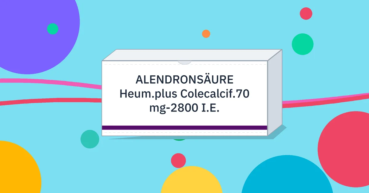 Symbolbild: Packung mit der Aufschrift ALENDRONSÄURE Heum.plus Colecalcif.70 mg-2800 I.E. (PZN 11580532) – Verfügbarkeit und Bezug in Apotheken in Frankfurt am Main