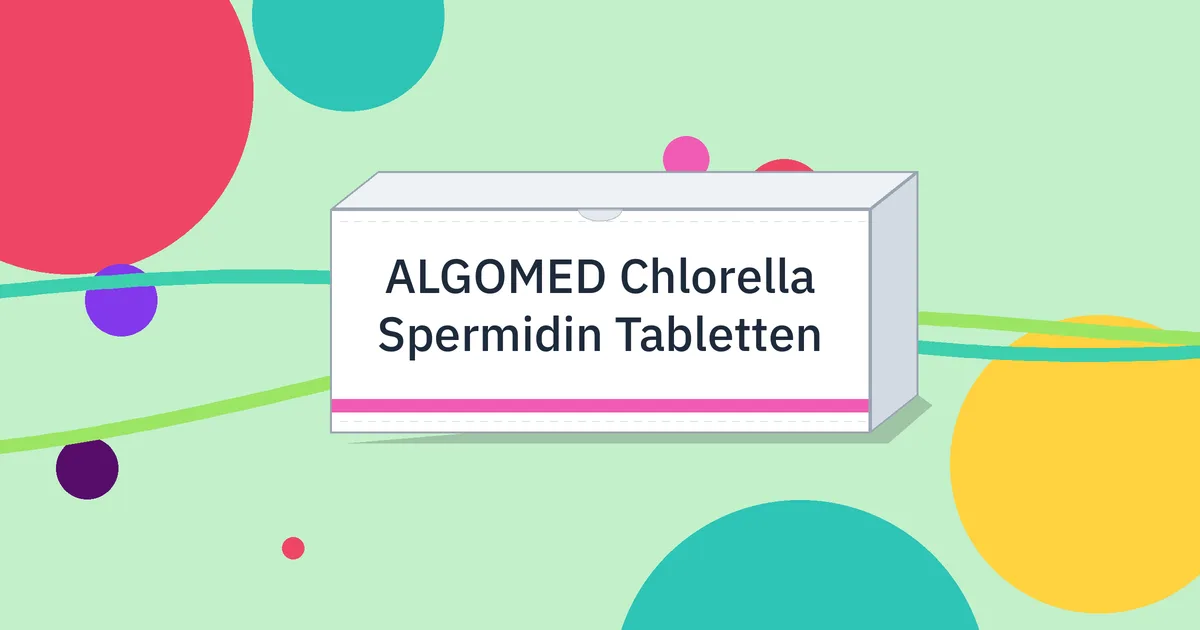 Symbolbild: Packung mit der Aufschrift ALGOMED Chlorella Spermidin Tabletten (PZN 19897814) – Verfügbarkeit und Bezug in Apotheken in Frankfurt am Main