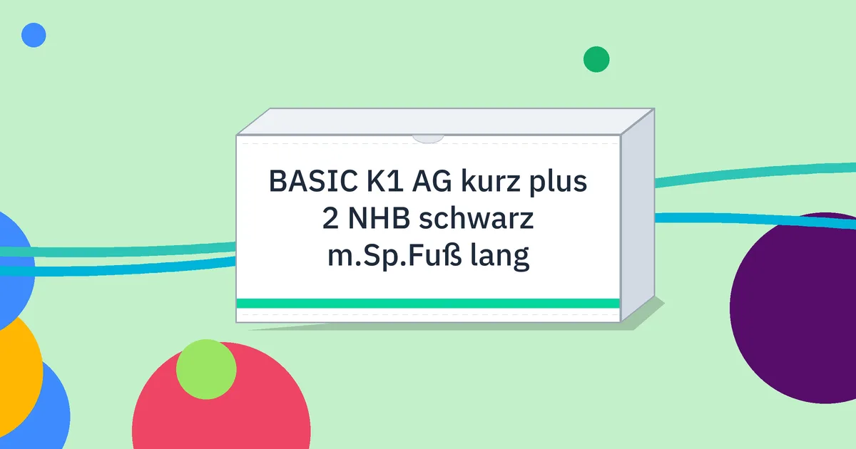 Symbolbild: Packung mit der Aufschrift BASIC K1 AG kurz plus 2 NHB schwarz m.Sp.Fuß lang (PZN 20260022) – Verfügbarkeit und Bezug in Apotheken in Frankfurt am Main