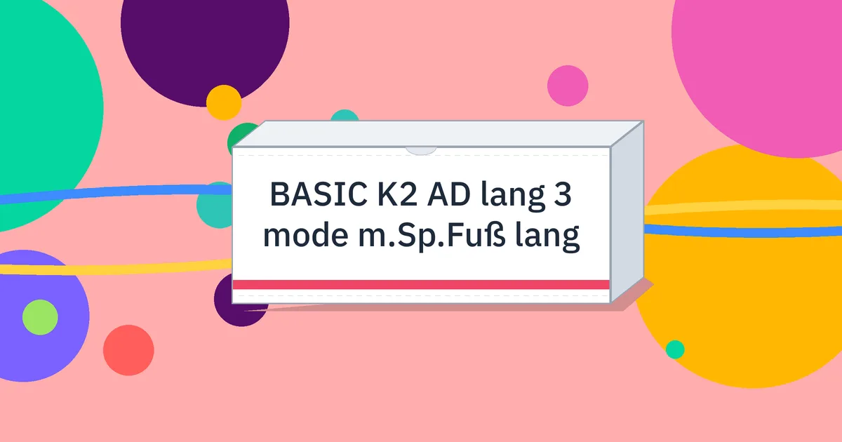 Symbolbild: Packung mit der Aufschrift BASIC K2 AD lang 3 mode m.Sp.Fuß lang (PZN 20264586) – Verfügbarkeit und Bezug in Apotheken in Frankfurt am Main