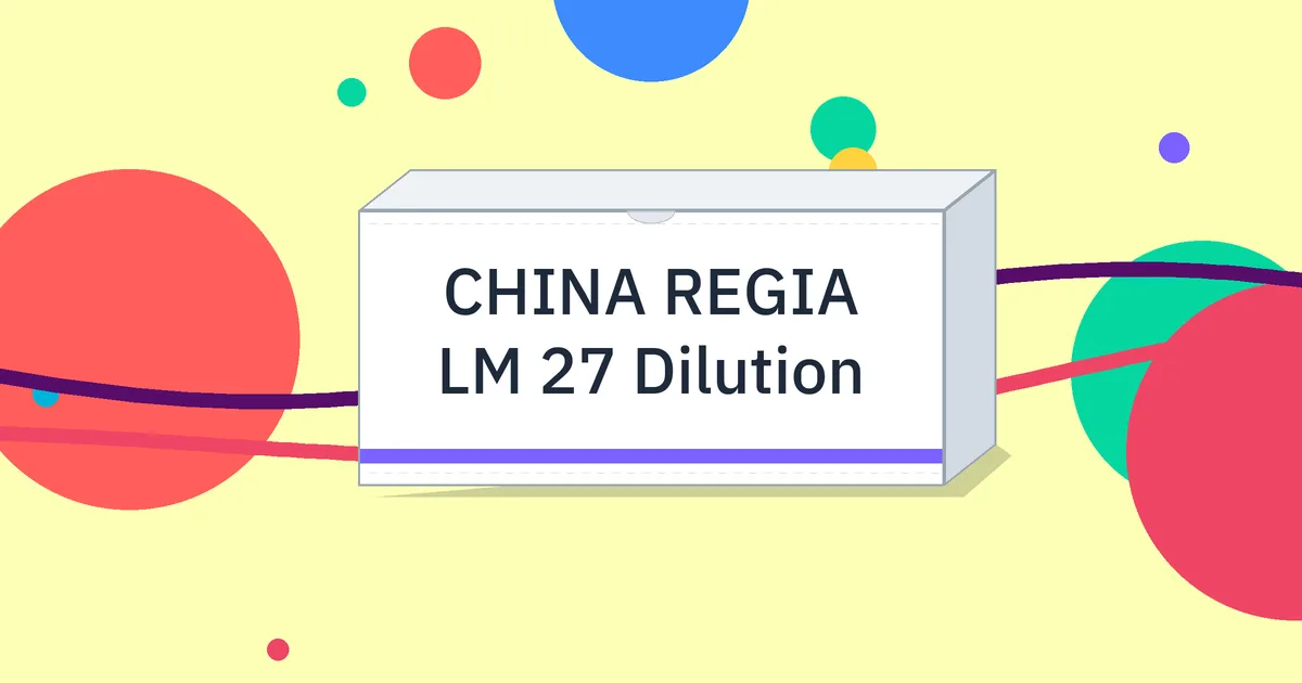 Symbolbild: Packung mit der Aufschrift CHINA REGIA LM 27 Dilution (PZN 12814452) – Verfügbarkeit und Bezug in Apotheken in Frankfurt am Main